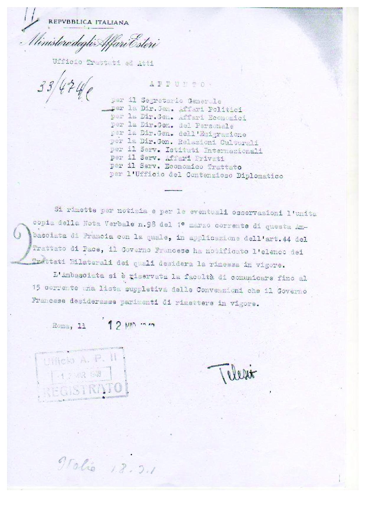 Note Verbale Du 1er Mars 1948 TAT De SAVOIE